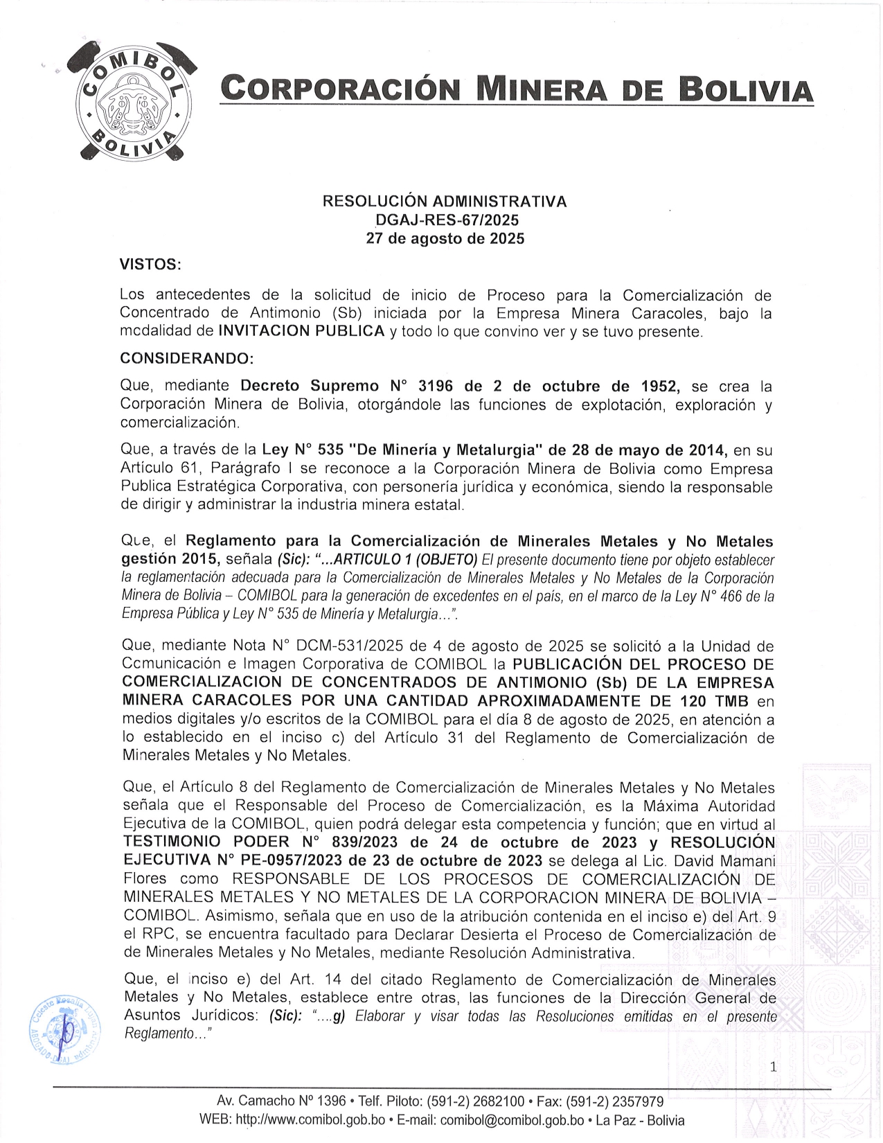 RESOLUCIÓN ADMINISTRATIVA DGAJ-RES-67/2025 DEL 27 DE AGOSTO DE 2025